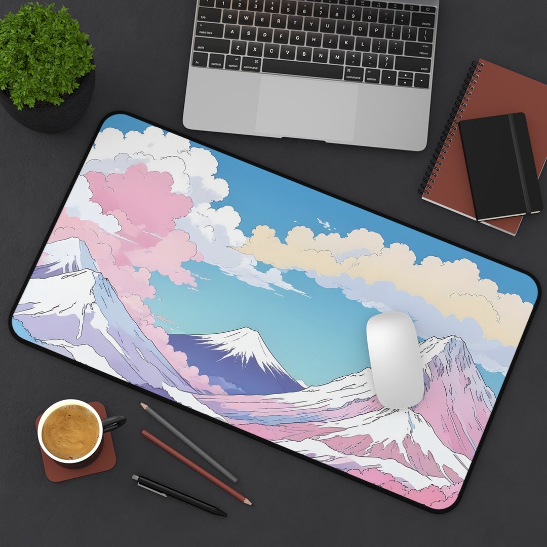 Pastel Volcano Pink Large Desk Mat, Blue Kawaii Anime Clouds Sky ...
