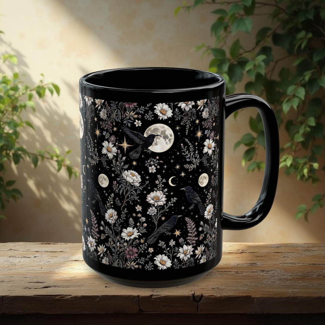Black Ravens Coffee Mug 11oz 15 Oz, Moon Gothic Mug Aesthetic, Floral ...