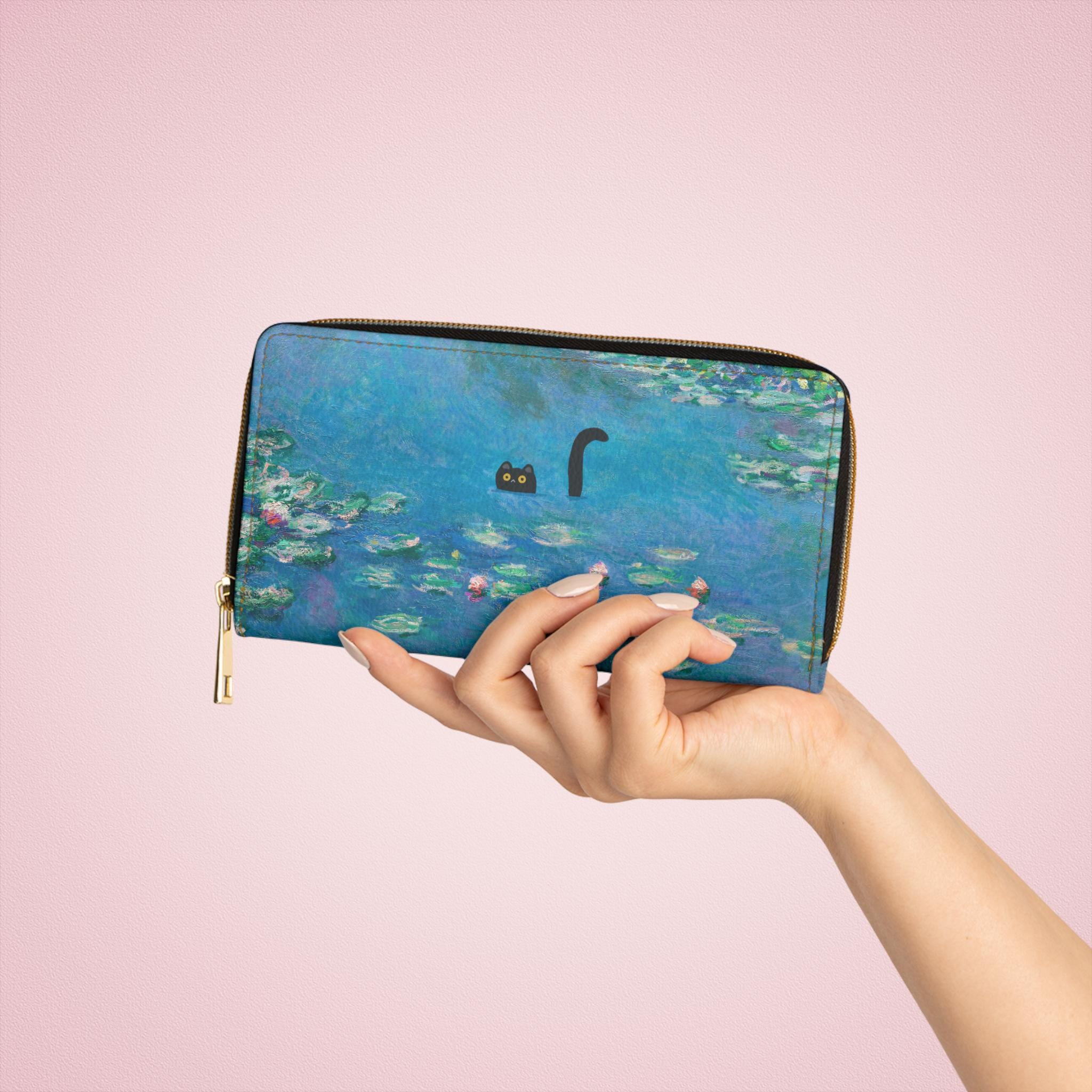 Black Cat Monet Painting Wallet With Zipper, Mid Century Lily Pad Water ...