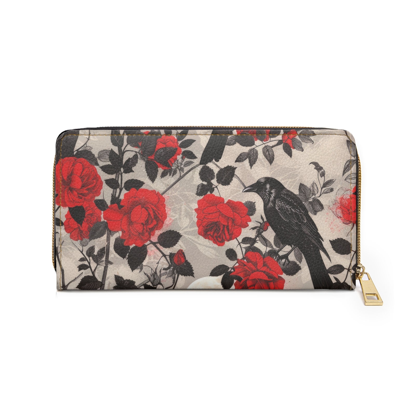 Crow and Roses Wallet With Zipper, Witchy Raven Cottagecore Cute Floral ...