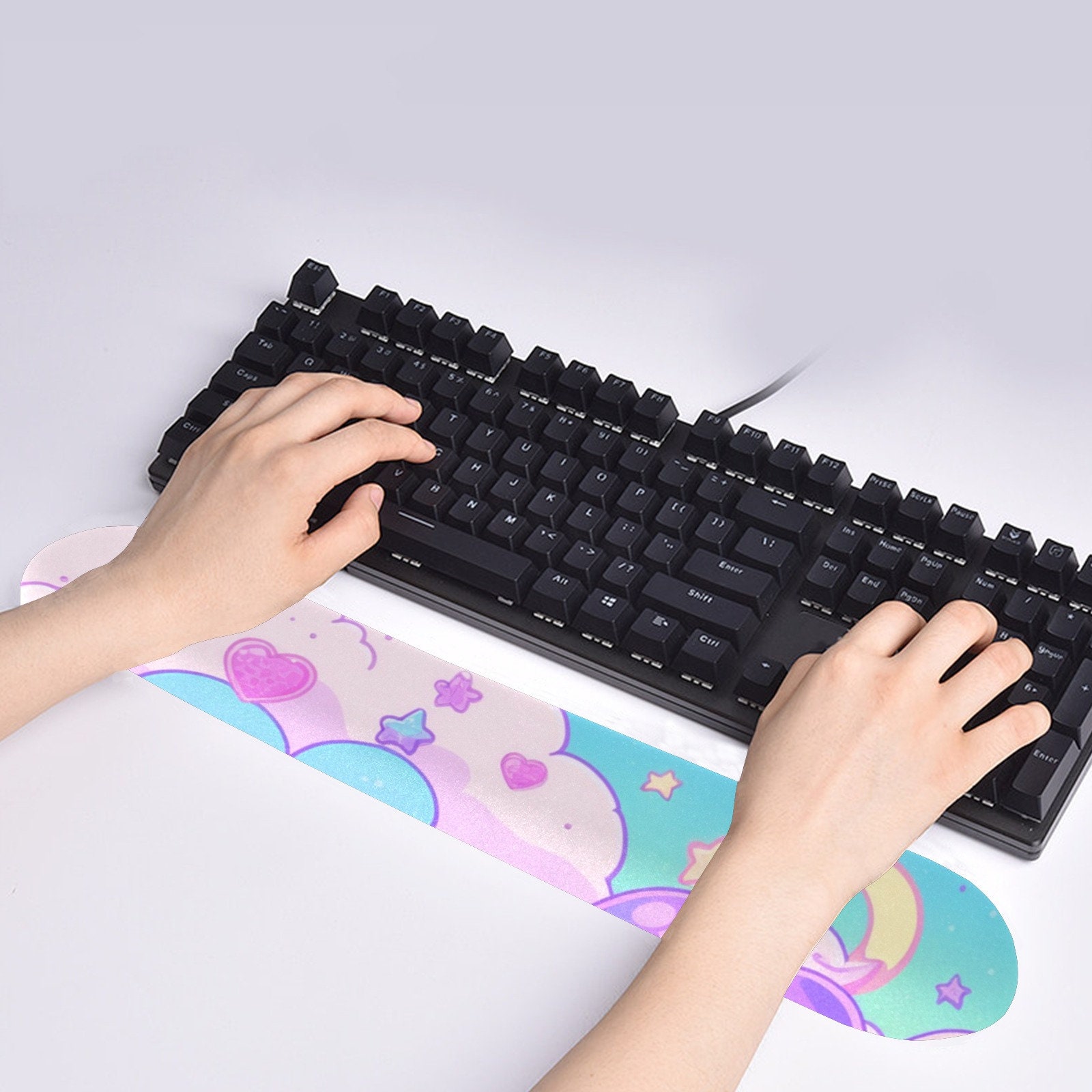 Cute Kawaii Moon Stars Large Wrist Rest, Blue Pink Anime Desktop ...