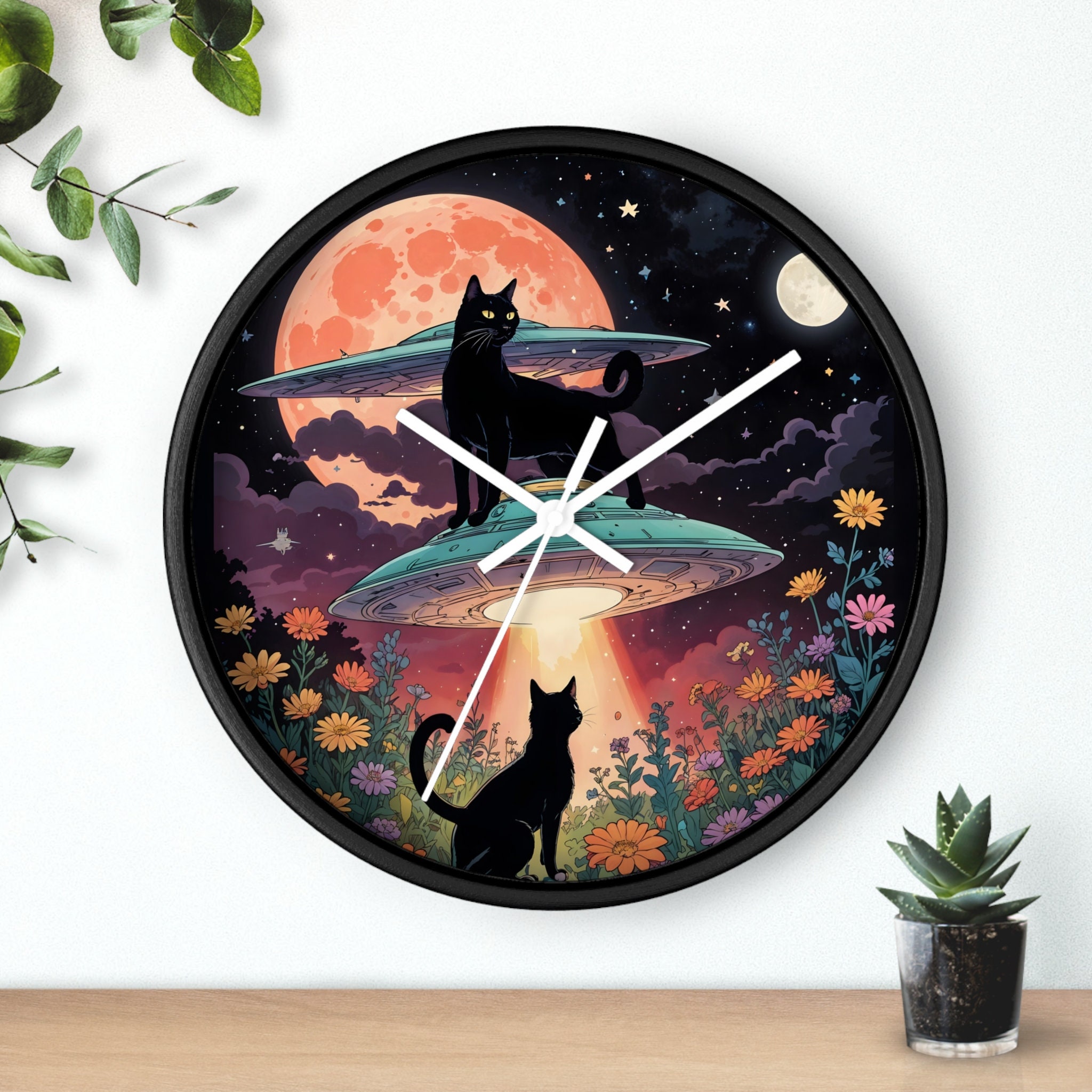 Black Cat UFO Wall Clock, Wildflower Cottagecore Kitchen Wall Clock ...