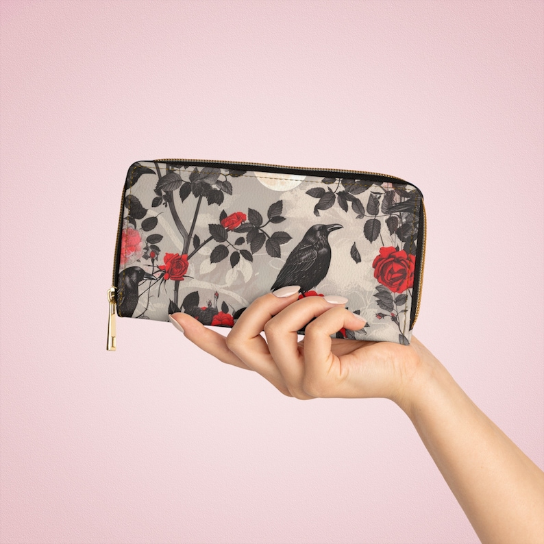 Crow and Roses Wallet With Zipper, Witchy Raven Cottagecore Cute Floral ...