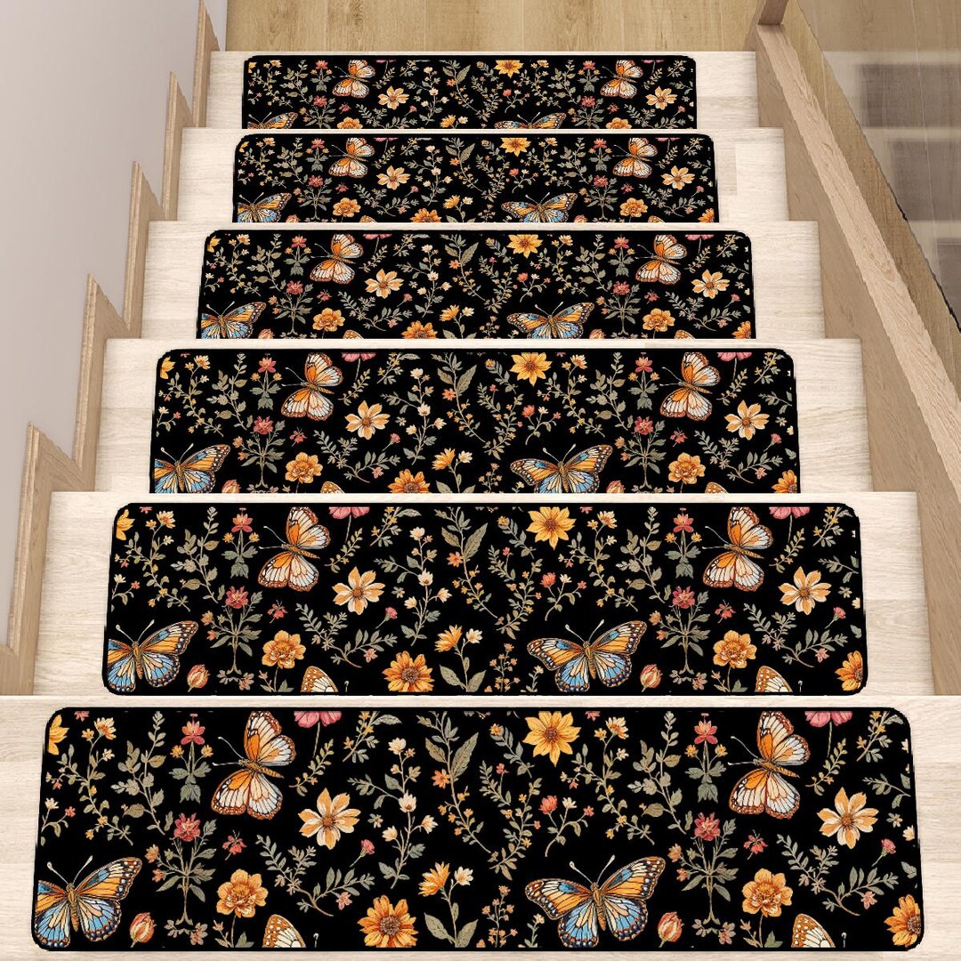 Orange Wildflower Floral Stair Case Anti Slip Floor Mat, Witchy Nouveau ...