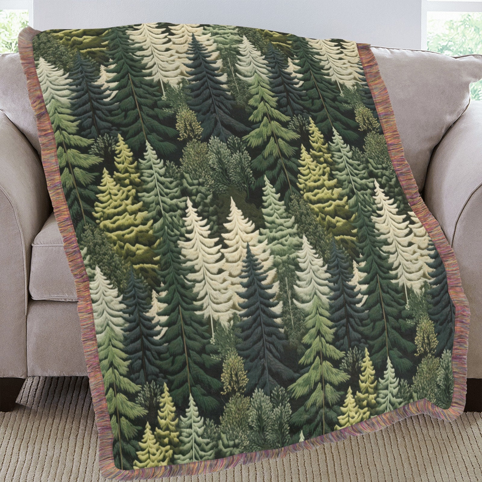 Green Tree Forest Throw Blanket, Witchy Fringe Picnic Blanket, Nature ...