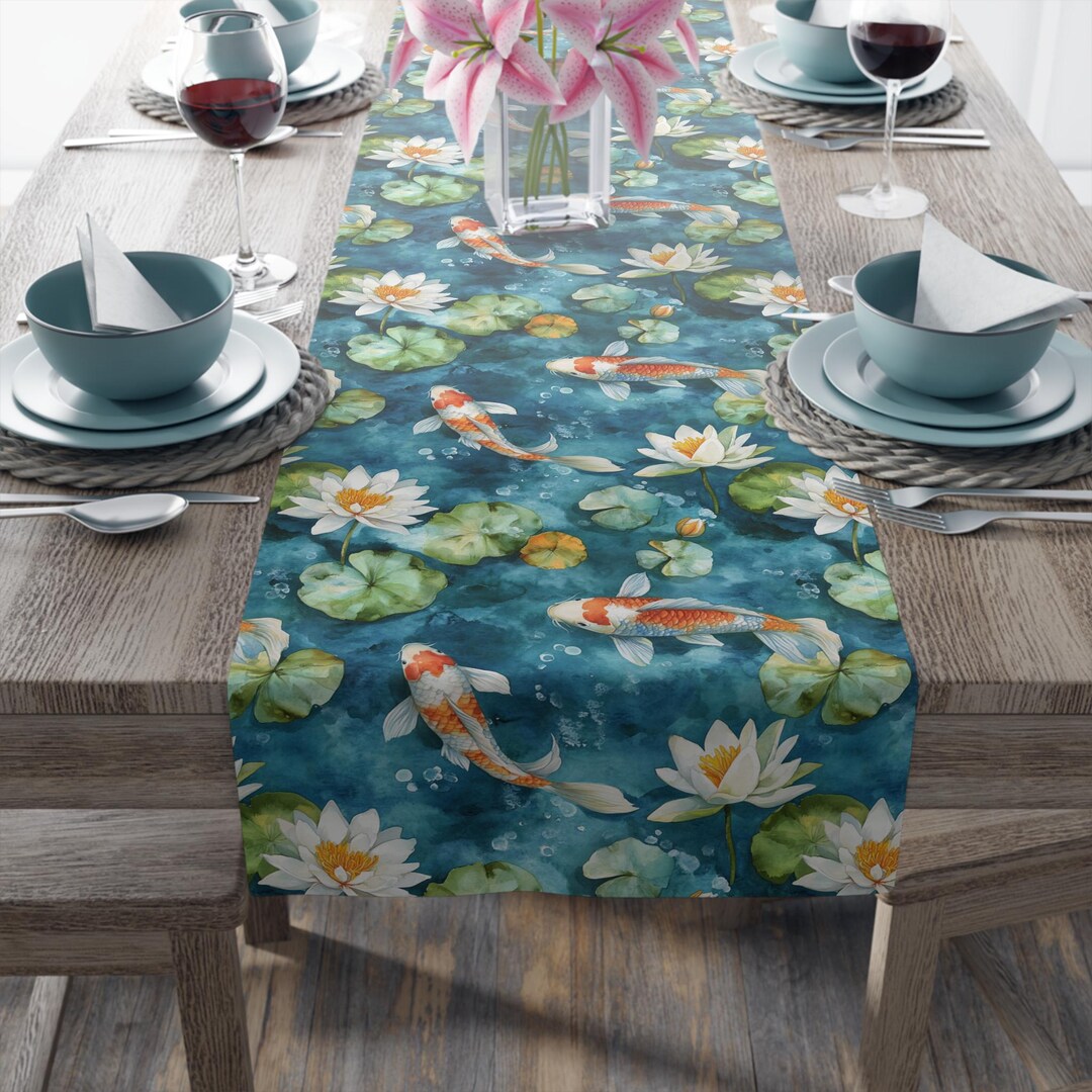 Koi Fish Watercolor Fish Table Runner, Boho Art Cotton Table Cloth ...