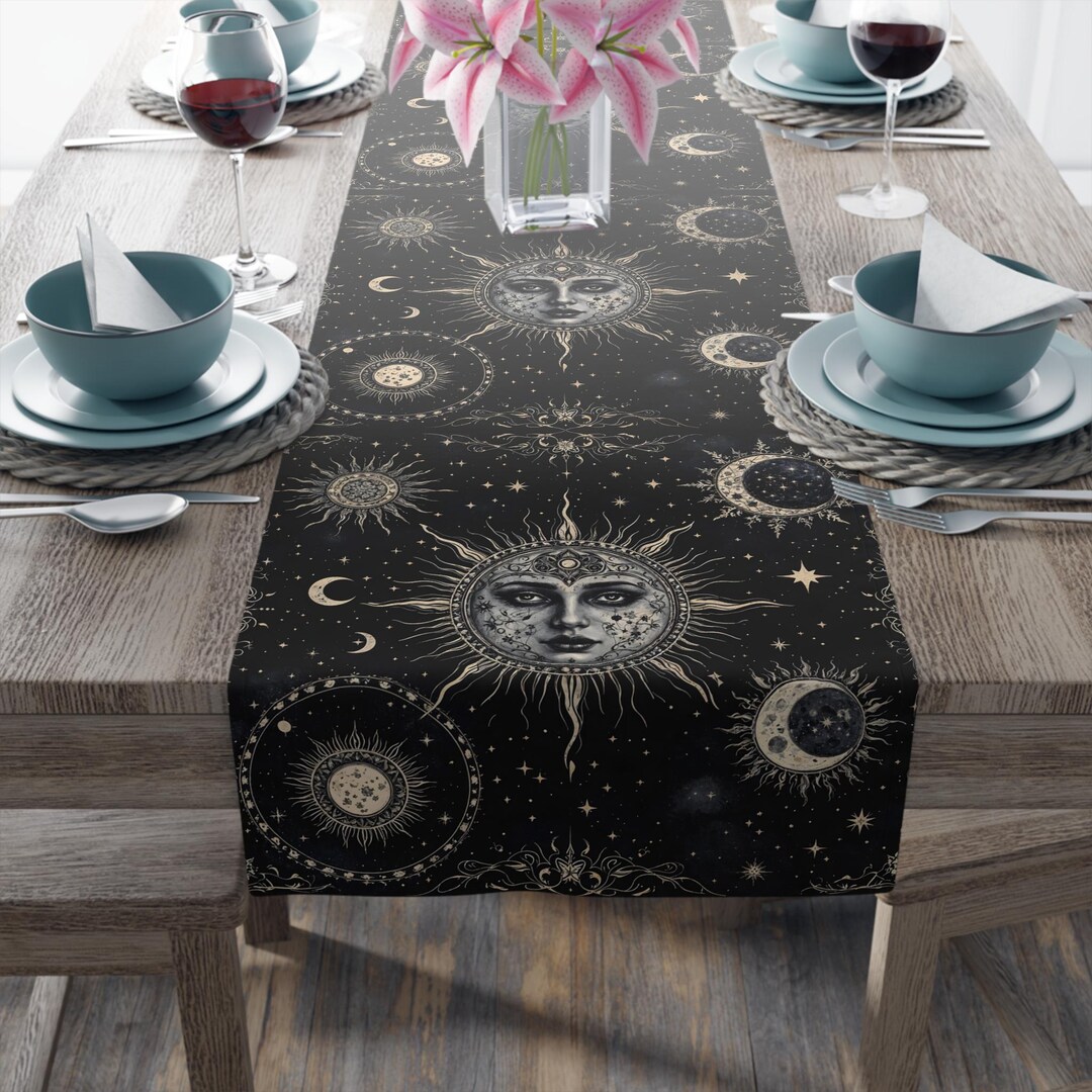 Black Sun Moon Table Runner, Dark Academia Witchy Gothic Floral Cotton ...