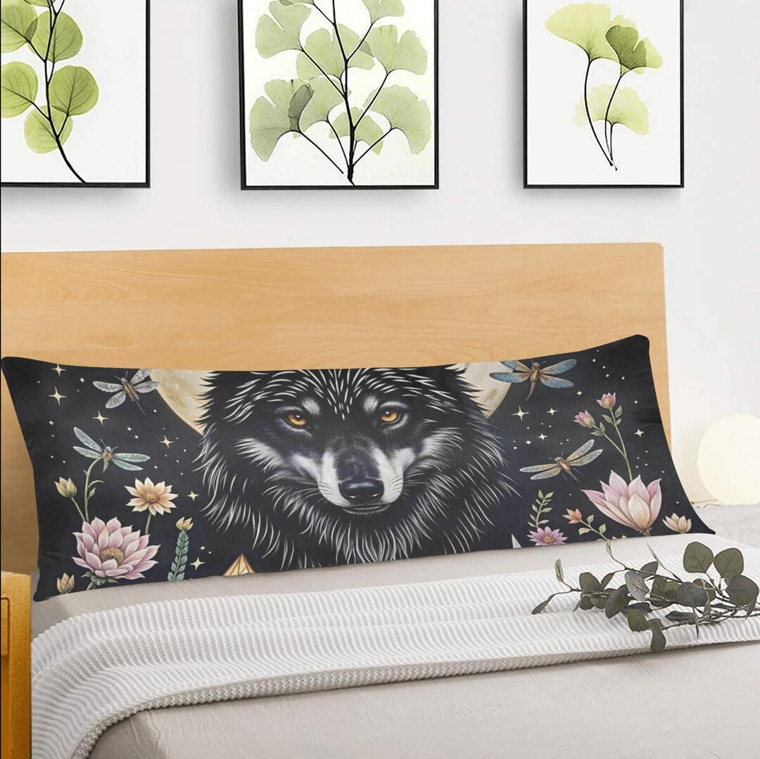 Black Wolf Body Pillow Cover, Gothic Wildflower Cottagecore Witchy ...
