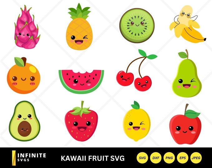 Kawaii Fruit Svg - Cute Fruit Svg, Fruit Bundle Svg, Cute Food Svg ...