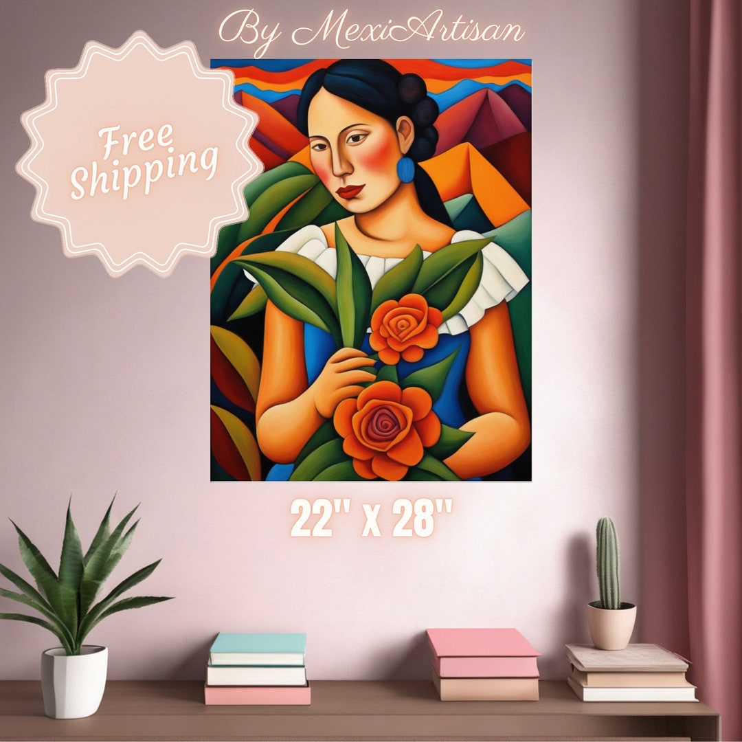 Vintage Oil Painting, Mexican Folk Art, Rose Flower Painting, Bohemian ...