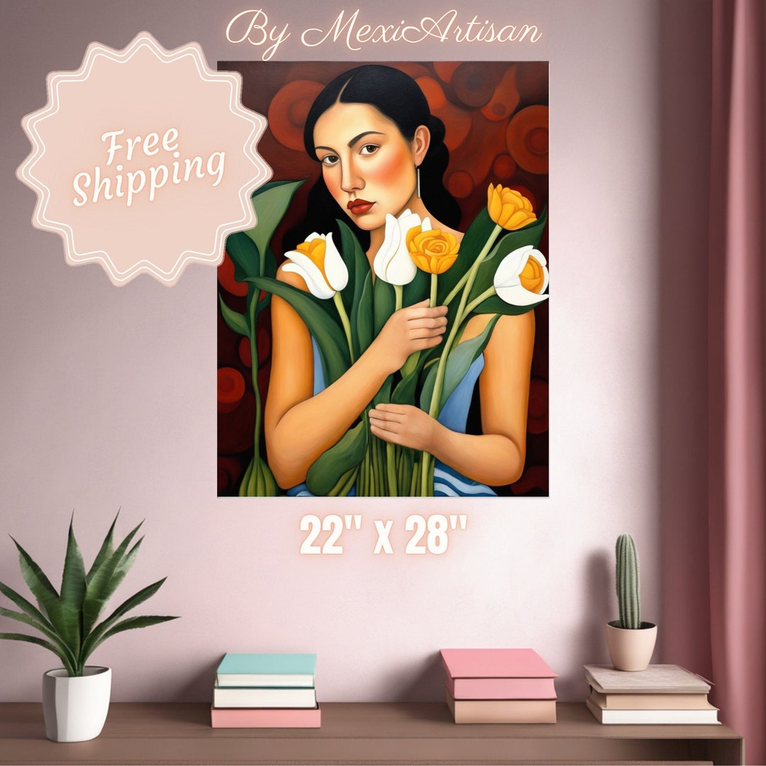 Latina Woman and Flowers Print| Mexican Bouquet Wall Art | Oil Painting ...
