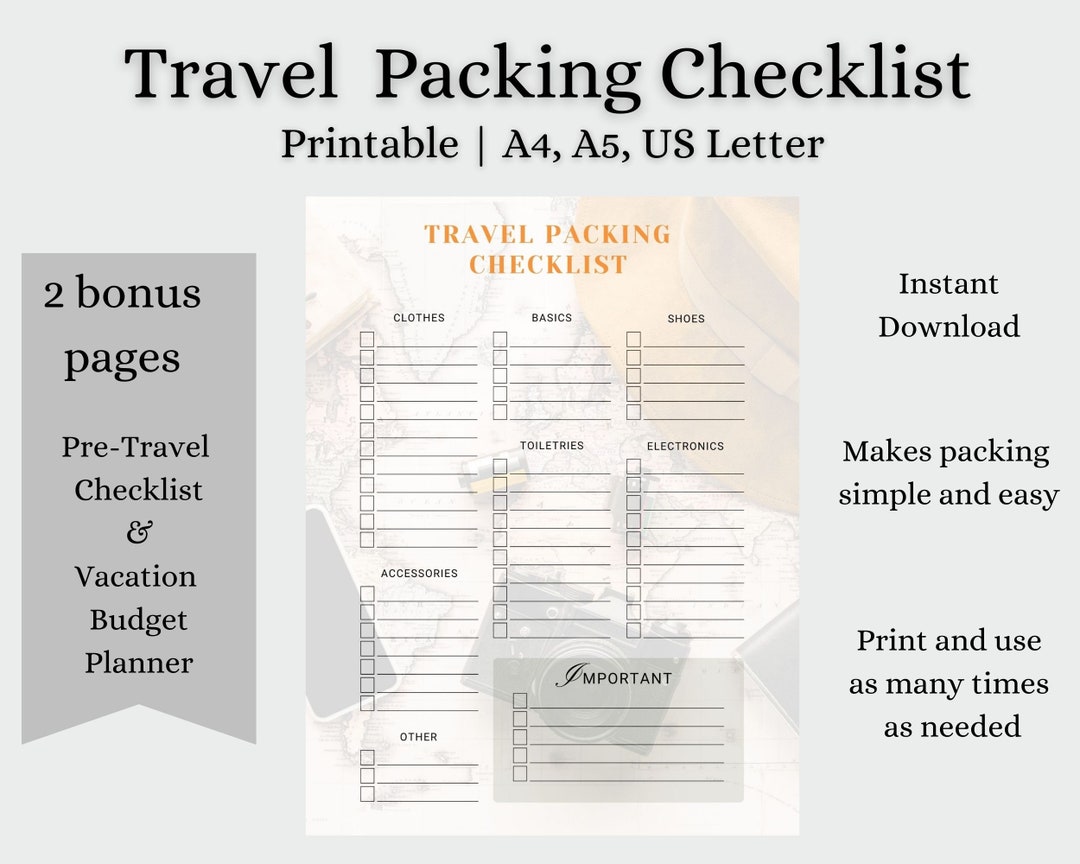 Travel Packing Checklist, Printable Packing List, Vacation Planning ...