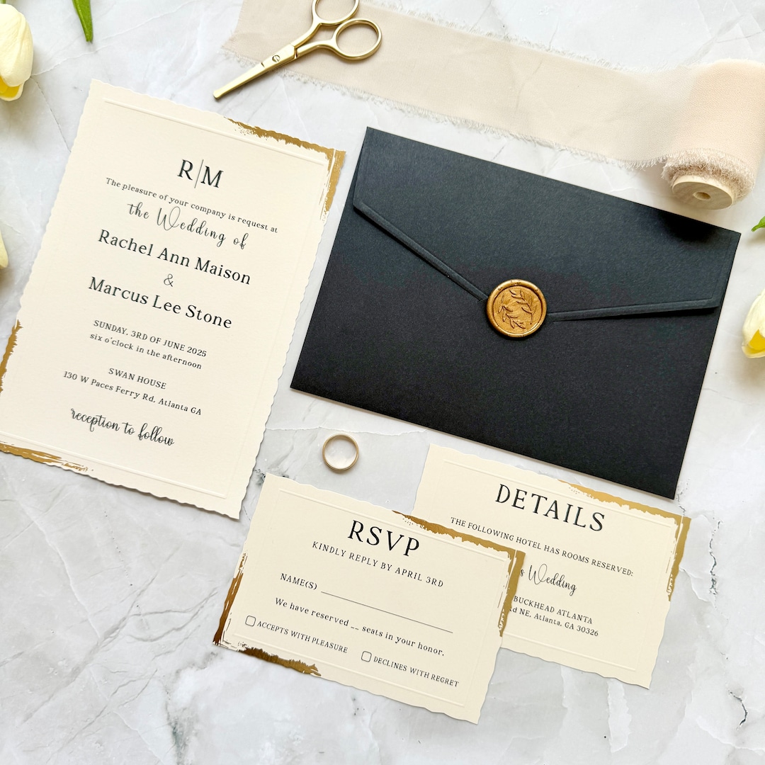 Modern Wedding Invitation, Gold Foil Edge Wedding Invite Set With Black ...