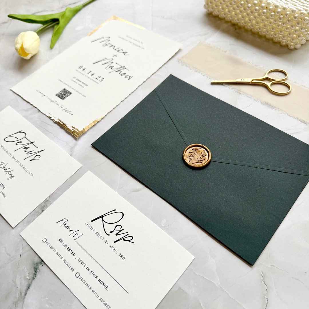 Classic Wedding Invitation With QR Code, Gold Foil Edge Wedding Invite ...