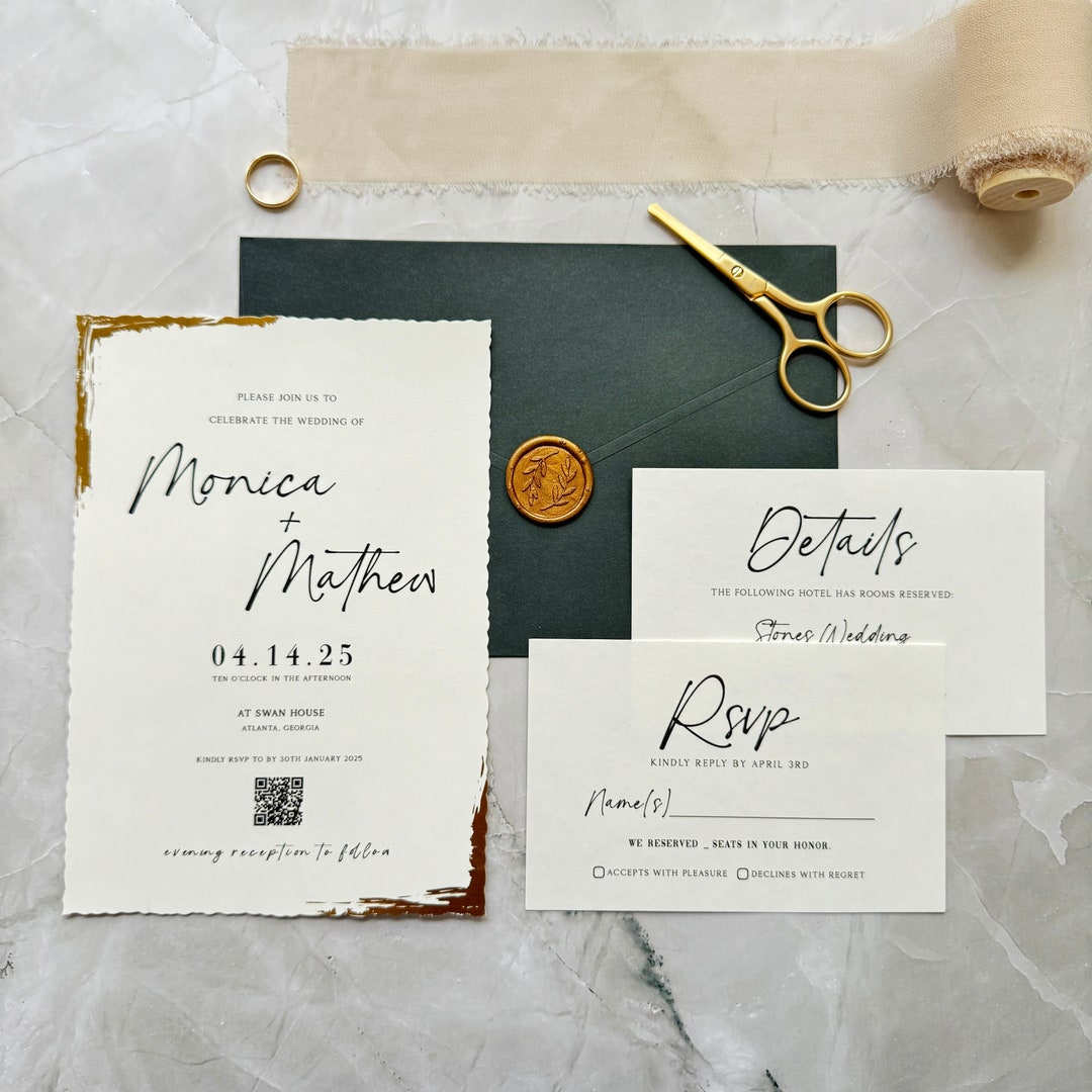Classic Wedding Invitation With QR Code, Gold Foil Edge Wedding Invite ...