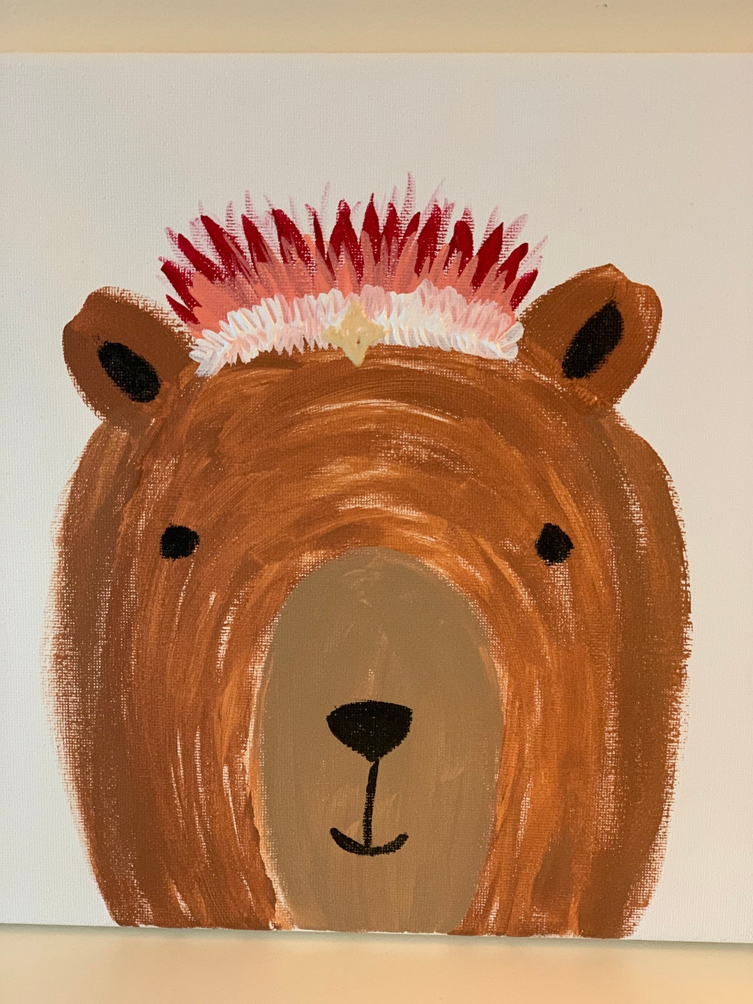 10x10 Simple Bear Face Painting With Flower Crown, Kids Bedroom Art ...