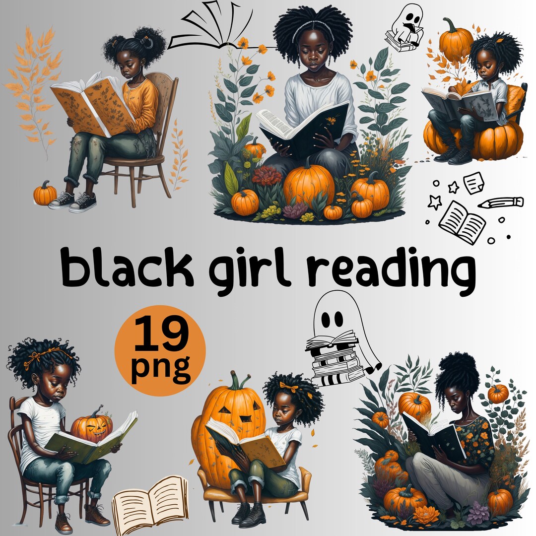 Beautiful Black Girl Reading a Book Clipart, Book Lovers, Watercolor ...