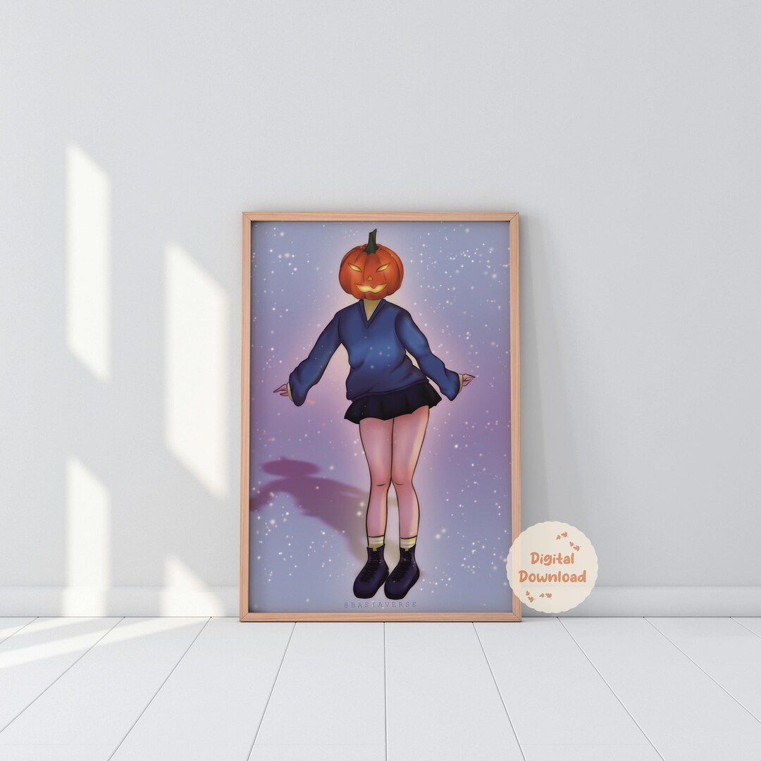 Pumpkin Head Girl Printable, Cute Pumpkin Wall Art, Spooky Pumpkin ...