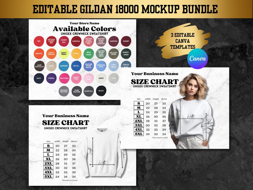 Gildan 18000 G180 Color Chart and Size Chart | Editable G180 Mockup ...