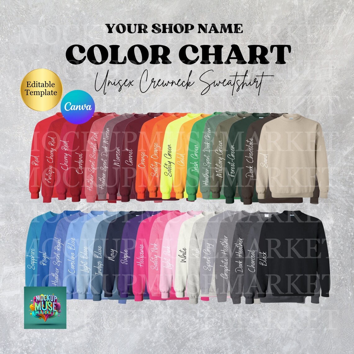 Gildan 18000 G180 Color Chart | Editable Color Chart | G180 Mockup ...