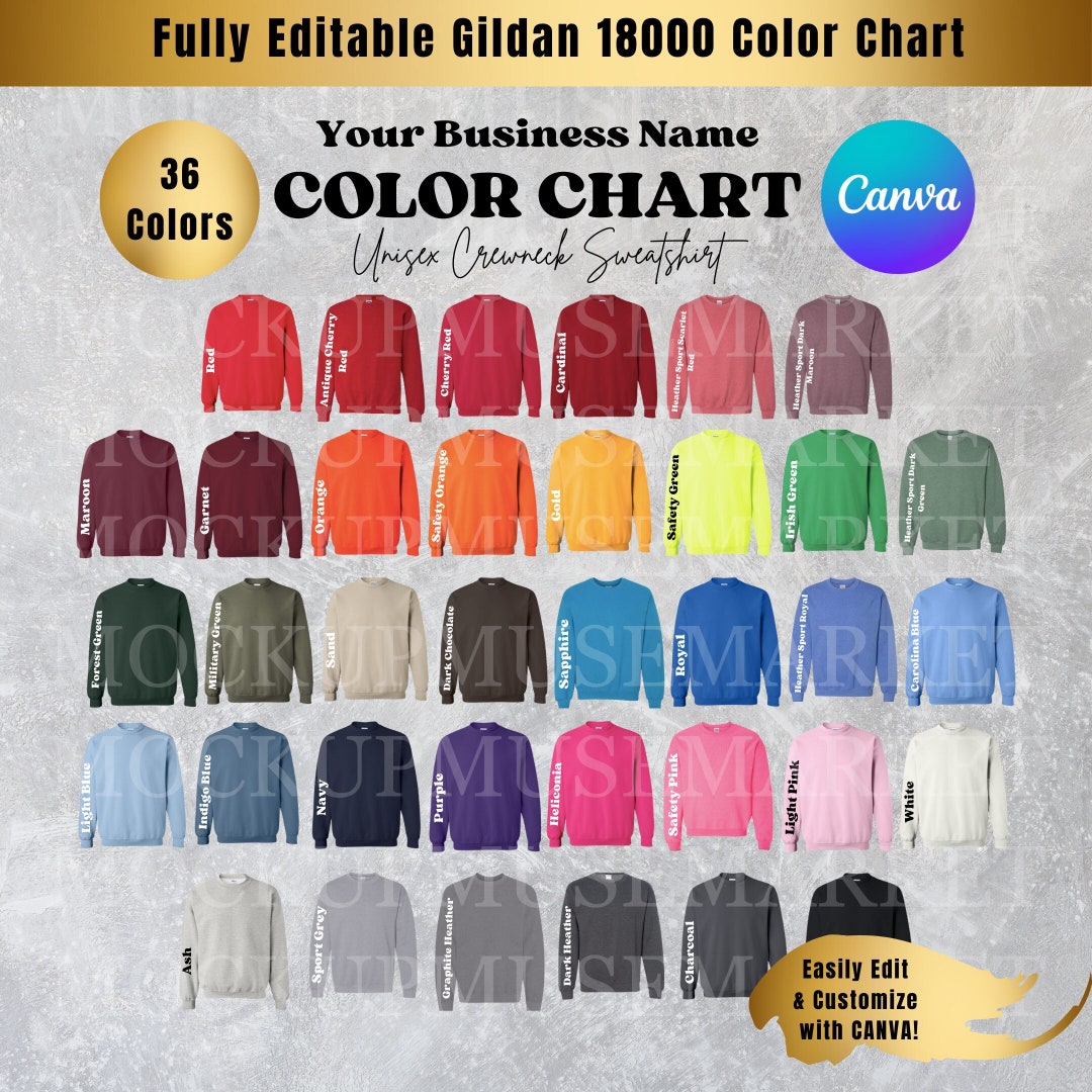 Gildan 18000 G180 Color Chart Editable Color Chart G180 Mockup Color