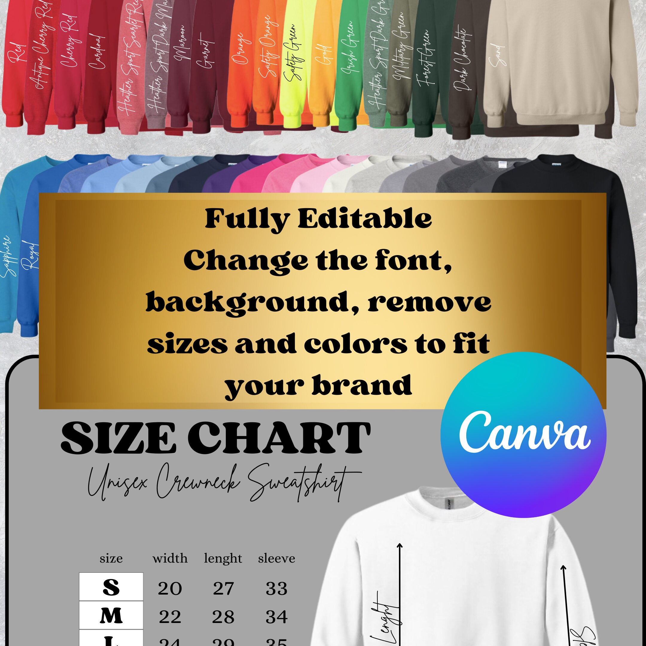 Gildan 18000 Color Chart Size Chart Bundle | Editable Size Chart and ...