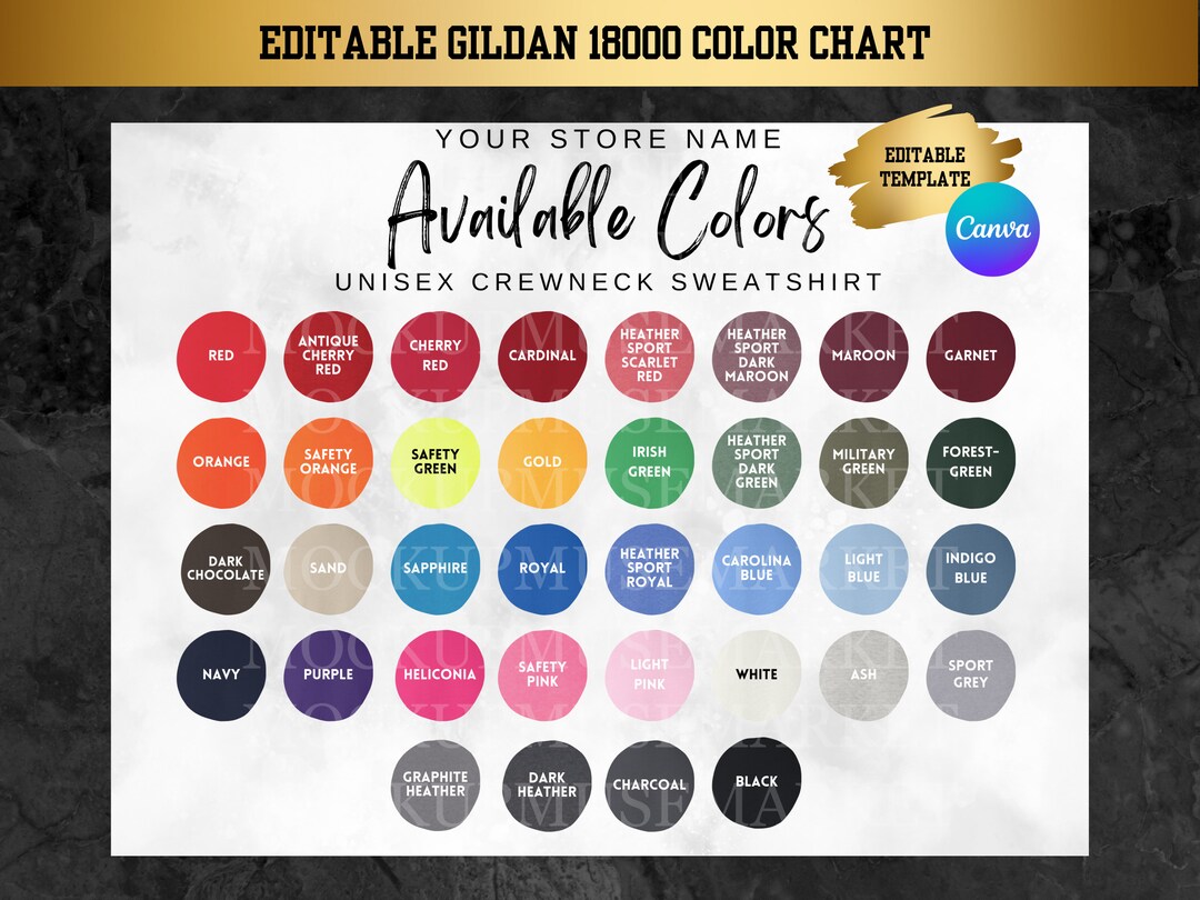 Gildan 18000 G180 Color Chart | Editable Color Chart | G180 Mockup ...