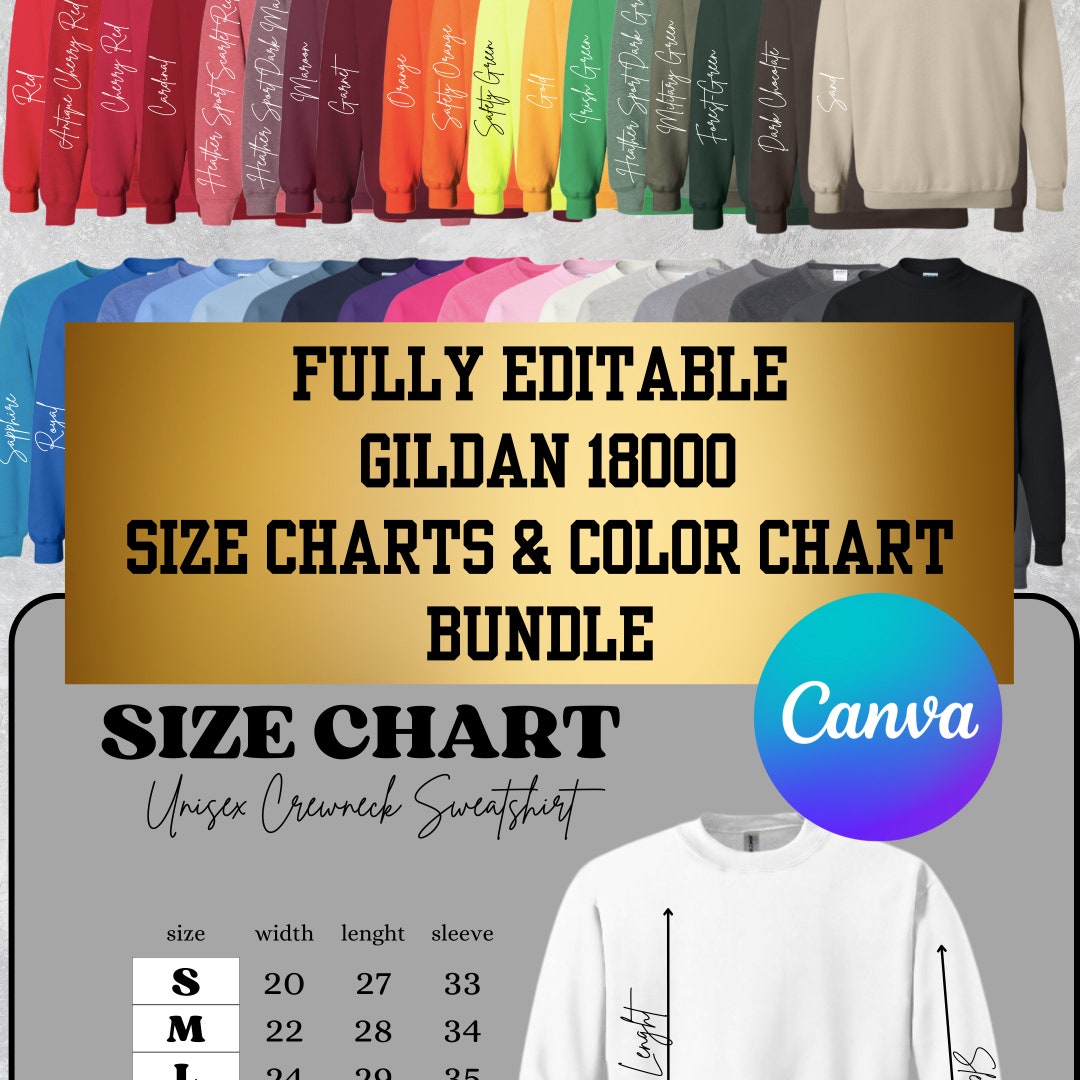 Gildan 18000 Color Chart Size Chart Bundle | Editable Size Chart and ...