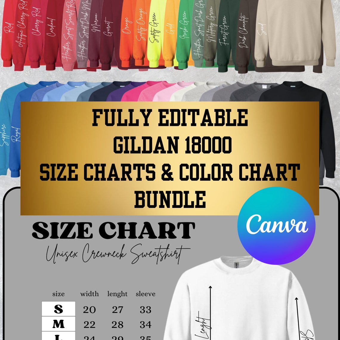 Gildan 18000 Color Chart Size Chart Bundle Editable Size Chart and ...