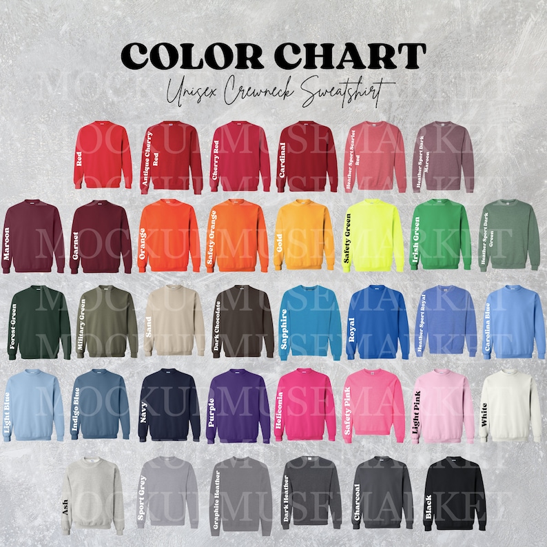 Gildan 18000 G180 Color Chart | Editable Color Chart | G180 Mockup ...