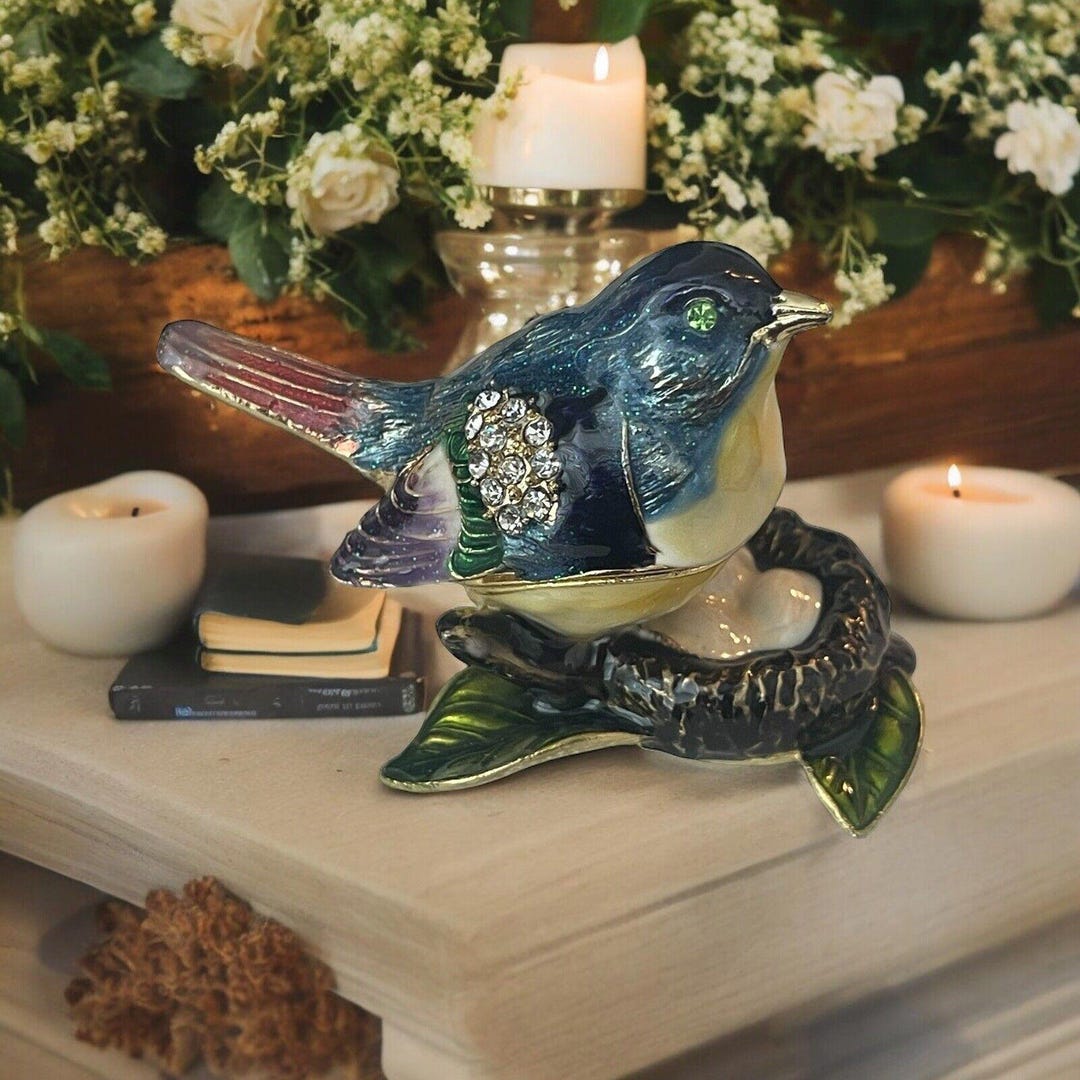 Kubla Crafts Jeweled Enameled Bluebird on Nest Mini Trinket Box With ...