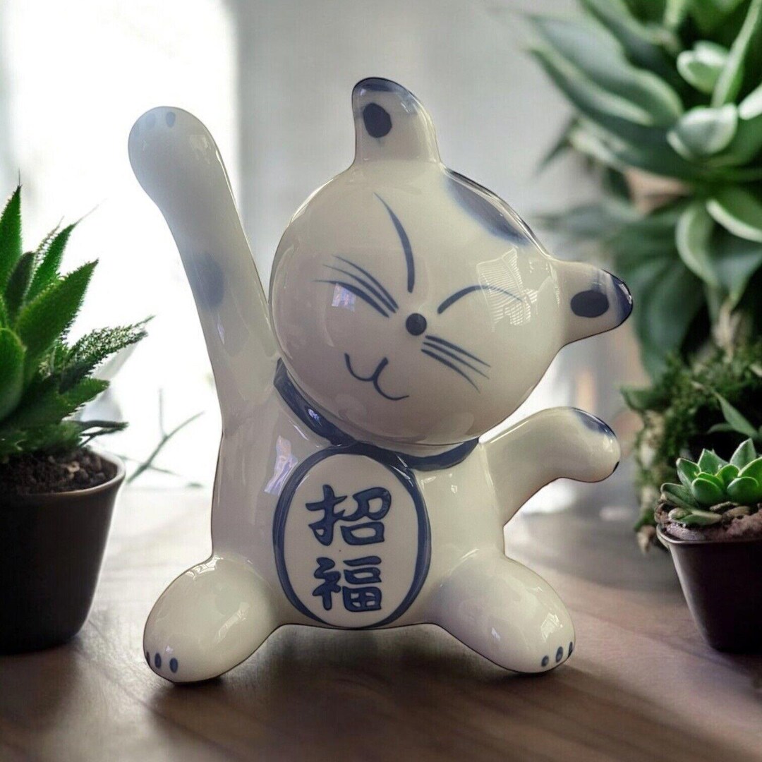 New Asian Style Cat Statue White & Blue 8 1/4'' H Ceramic - Etsy