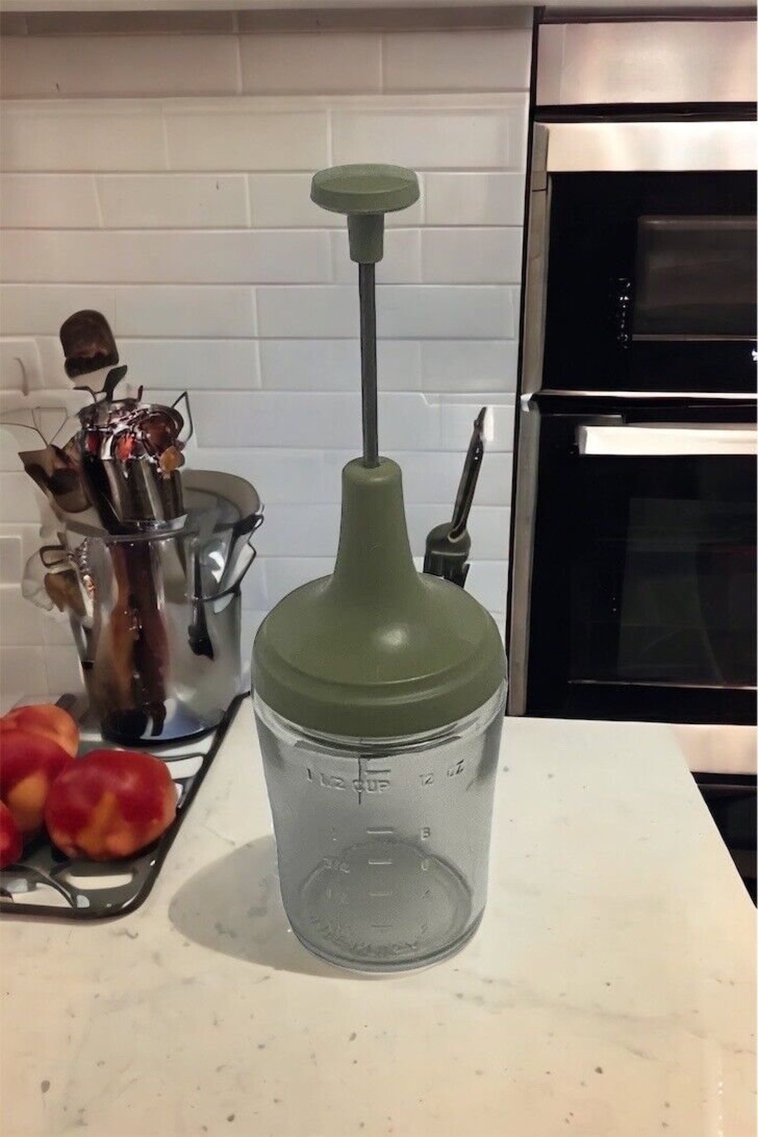 Vintage ACME Press & Chop Glass USA Avocado Green Food Nut Chopper 12 ...