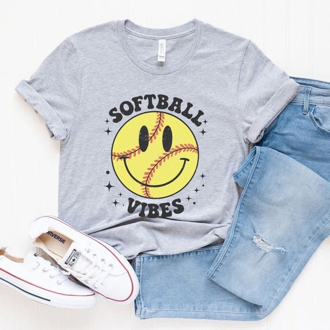 Vintage Softball Vibes Smiley Face Tee, Softball Stitch, Retro, Yellow ...