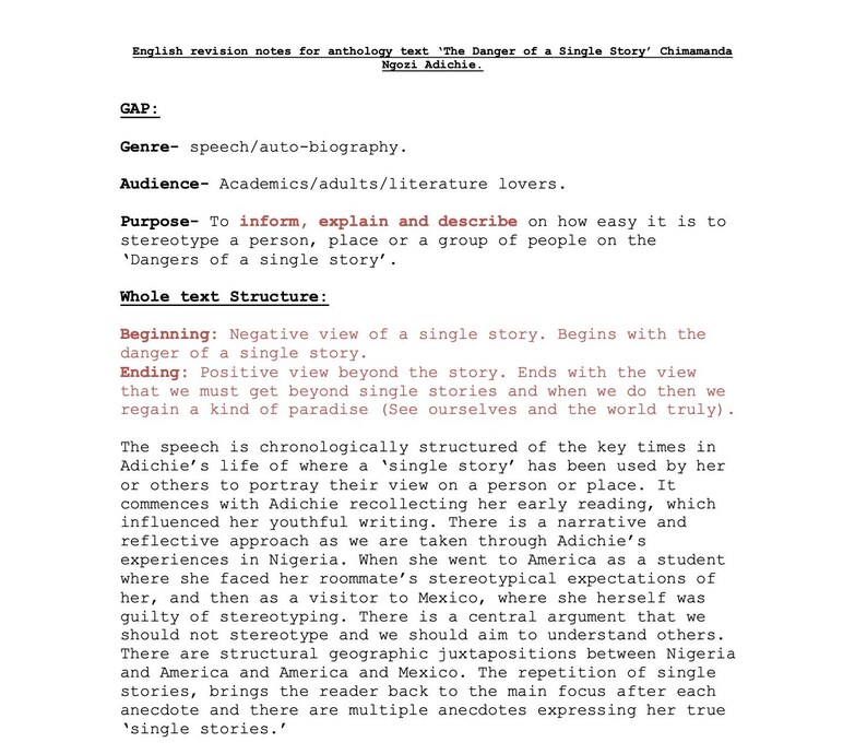 The Danger of a Single Story Revision Notes- Anthology Texts- Edexcel ...