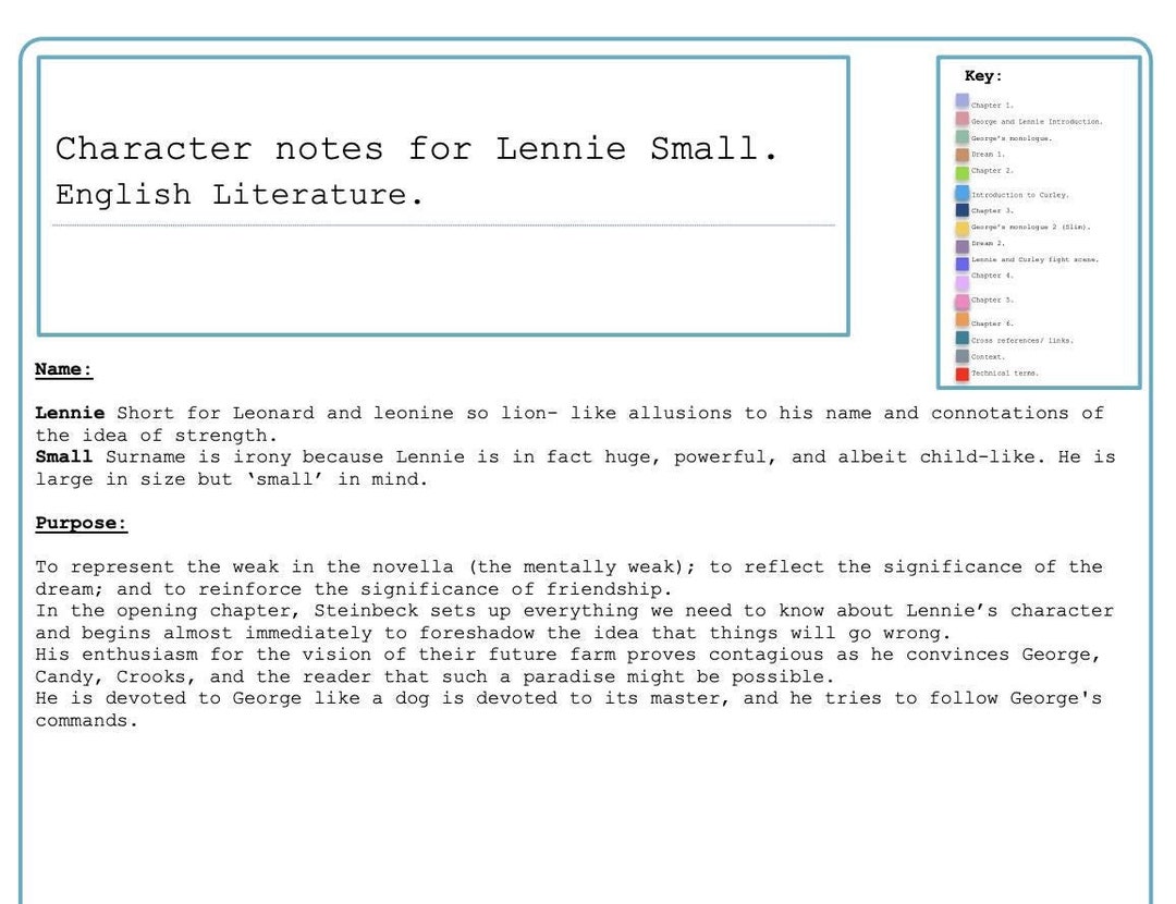 Lennie Small Revision Notes- of Mice and Men- Edexcel IGCSE- English ...