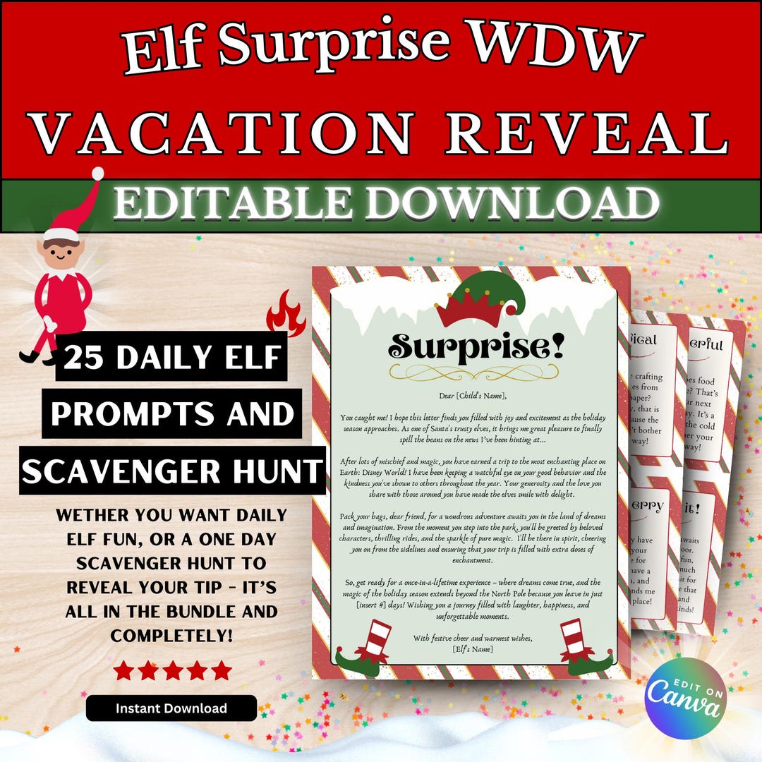 Editable Elf WDW Surprise Trip Bundle, 25 Daily Elf Prompts OR 8 ...