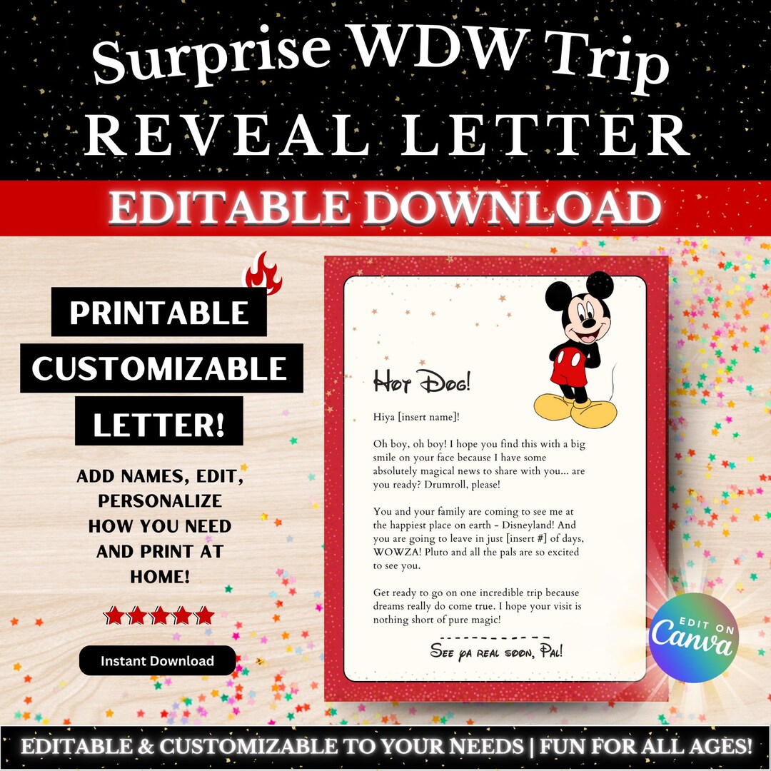 WDW Trip Reveal Letter: Editable Vacation Surprise (digital Download ...