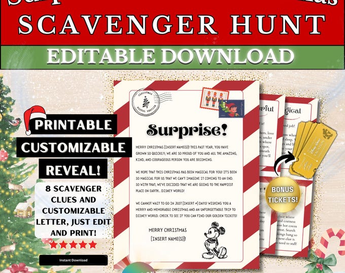 Editable Christmas Scavenger Hunt | Surprise Theme Park Trip (digital ...