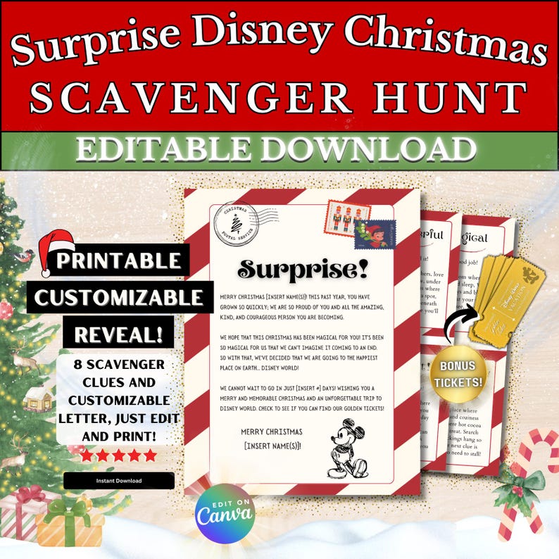 Editable Christmas Scavenger Hunt | Surprise Theme Park Trip (digital ...
