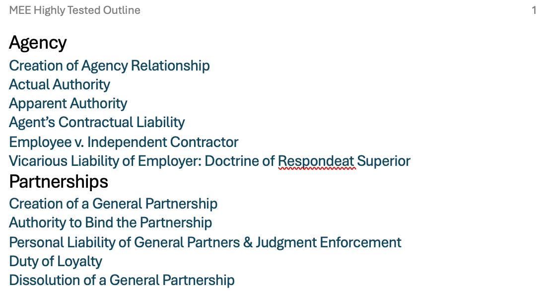 MEE Highly Tested Topics Fillable Outline - Uniform Bar Exam (updated ...
