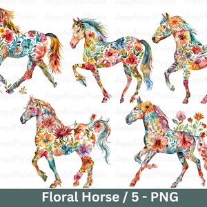 Watercolor Floral Horse Clipart Bundle, Equestrian Clipart, Floral ...