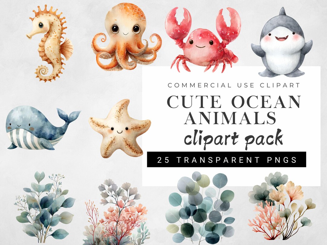 Cute Ocean Animals Clipart Bundle, Watercolor Sea Life Pngs, Underwater ...