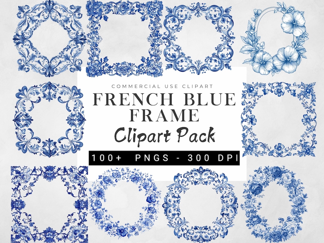 French Blue Frame Clipart Set, Floral Ornate Frame PNG, 117 Watercolor ...