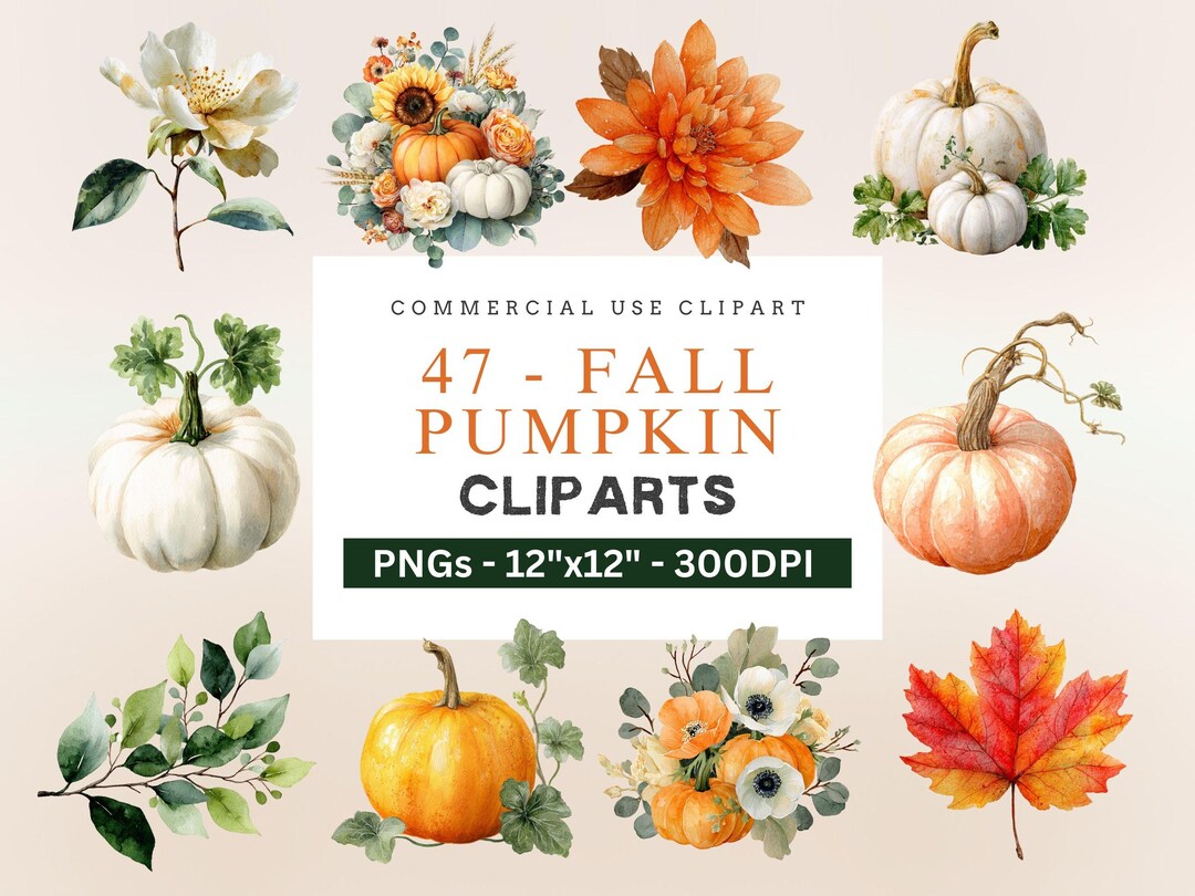 Watercolor Cute Pumpkin Clipart Bundle, Spooky Season Png, Autumn ...