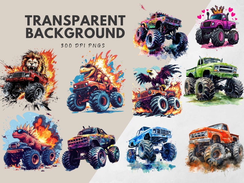 Watercolor Monster Truck Clipart, Monster Truck Png Bundle, Monster ...