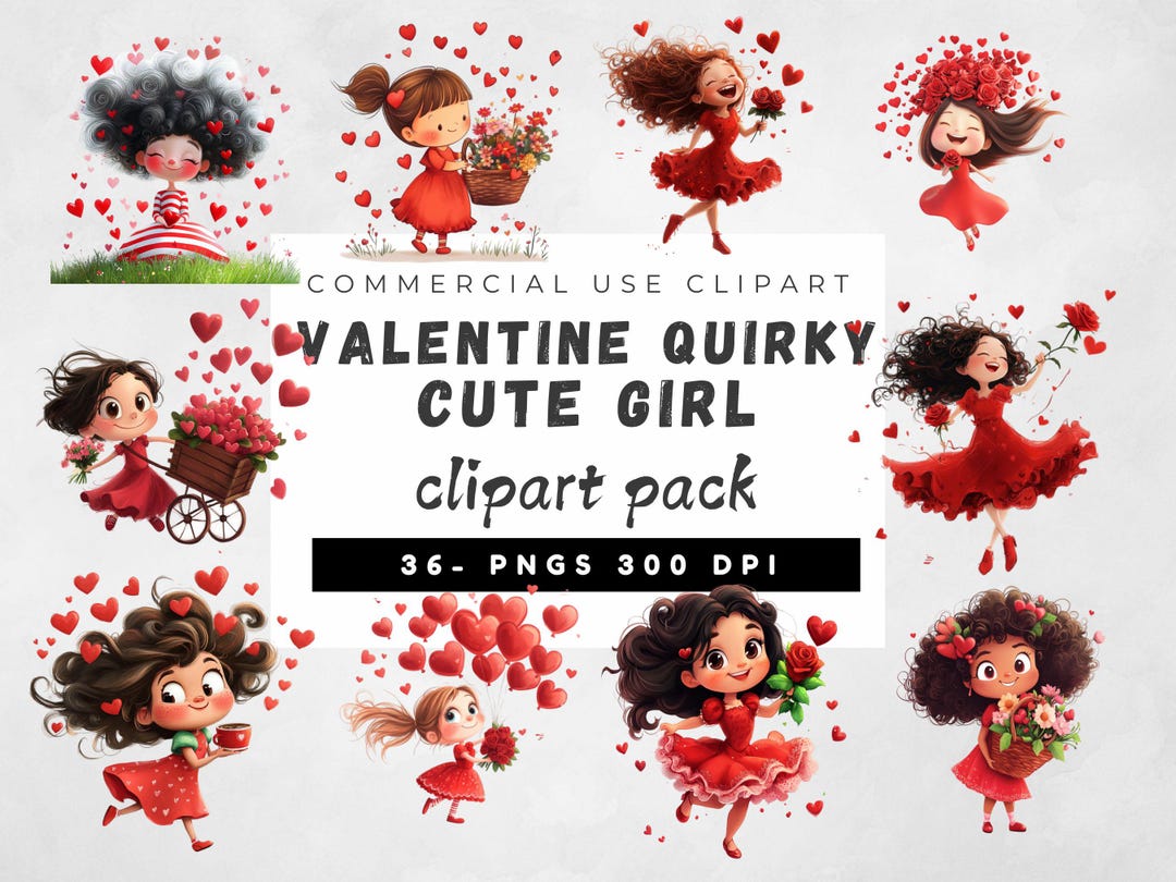 Valentine Cute Quirky Girl Clipart Bundle, Valentine Girl With Hearts ...
