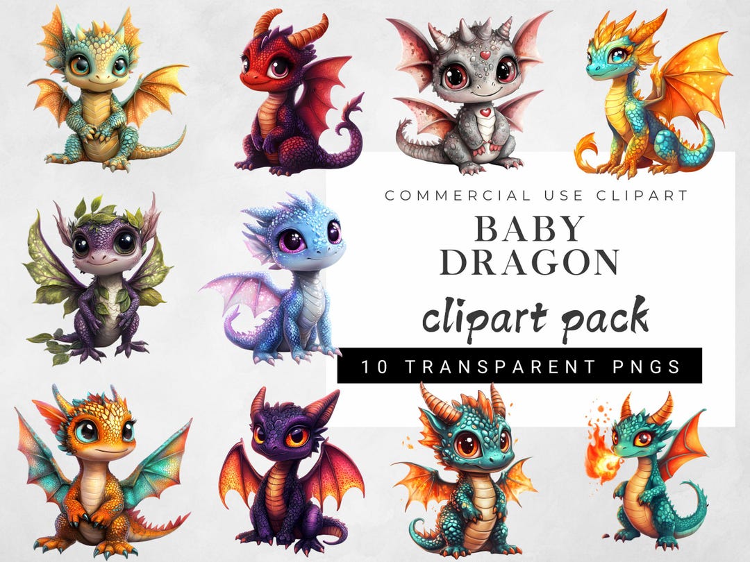 Cute Baby Dragons Clipart Bundle, Dark Floral Fantasy Dragon Pngs ...