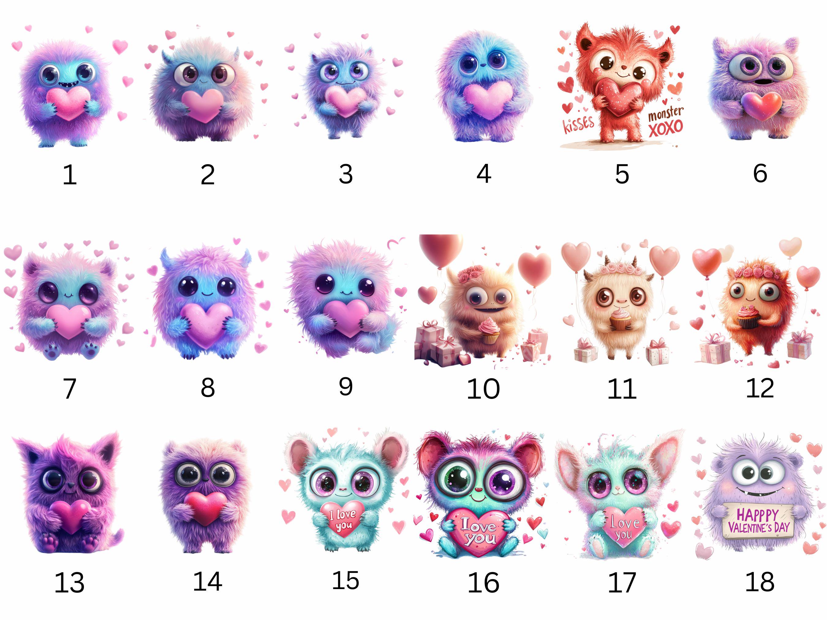 Valentines Monsters PNG Bundle, Watercolor Cute Cartoon Valentines ...