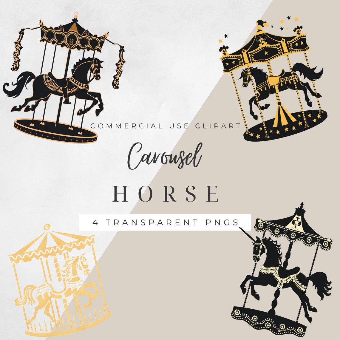 Carousel Horse Clipart Bundle Set of 4, Carousel Horse Png, Horse ...